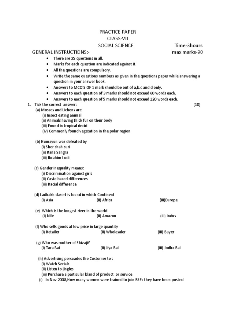 Class 7 Social Science Practice Paper | PDF