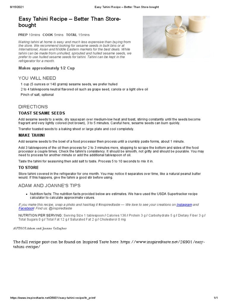 Easy Tahini Recipe | Download Free PDF | Sesame | Nutrition Facts Label
