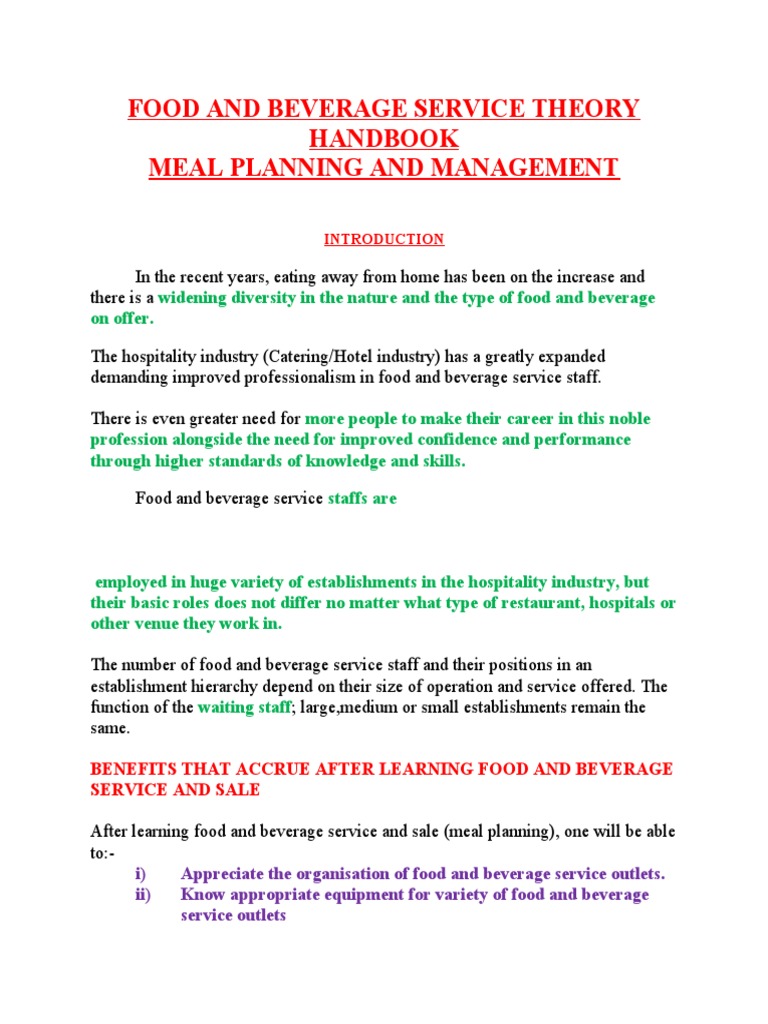 Introduction To F&B Notes | PDF | Foodservice | Restaurants