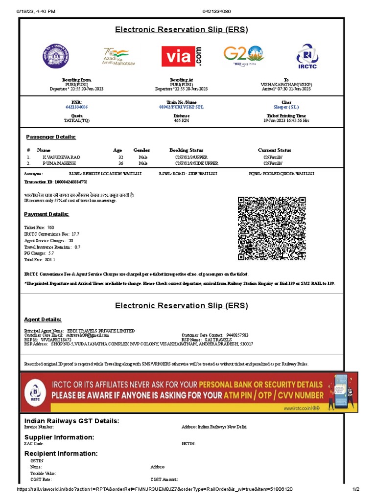 Electronic Reservation Slip (ERS) : Passenger Details | PDF | Identity Document