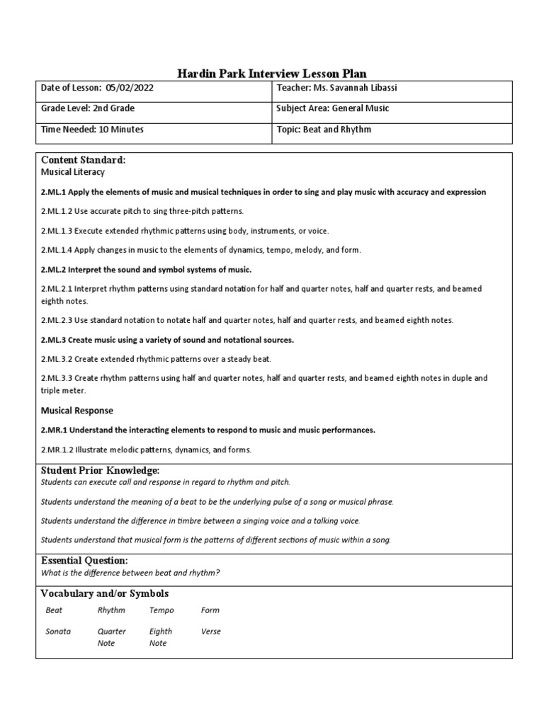 Beat Vs Rhythm Lesson Plan | PDF | Rhythm | Rubric (Academic)