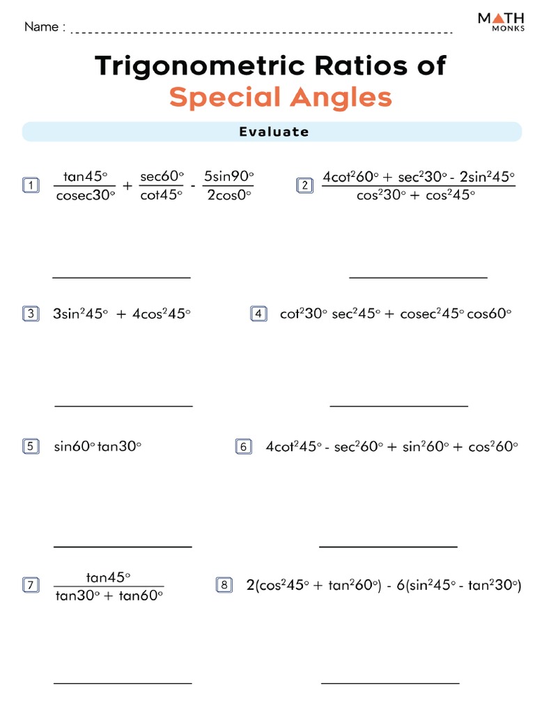 Trigonometric Ratios of Special Angles Worksheet With Answers | PDF