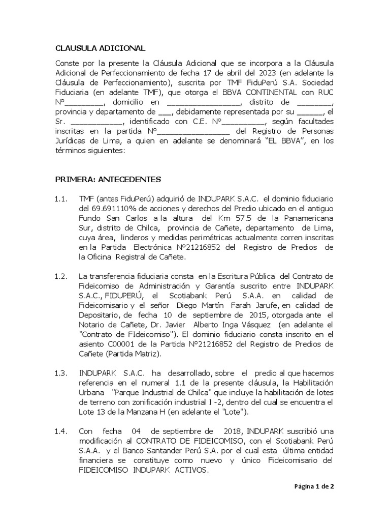 Clausula Adicional BBVA | PDF | Ley de fideicomiso | Equidad (ley)