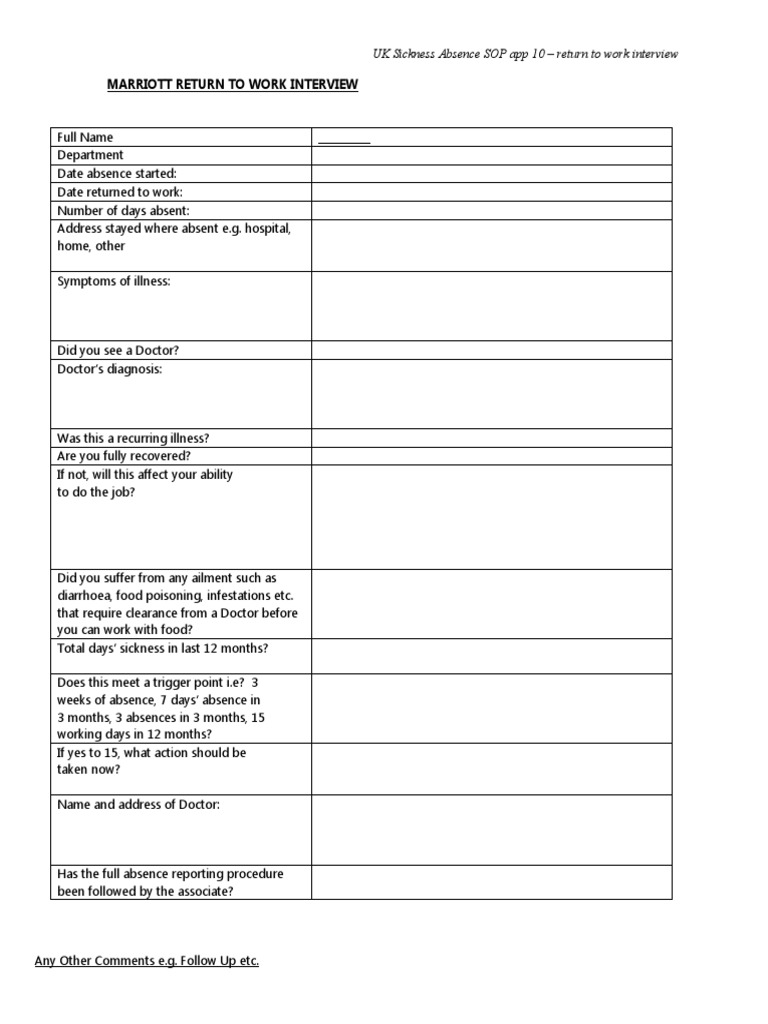 Return To Work Form | PDF