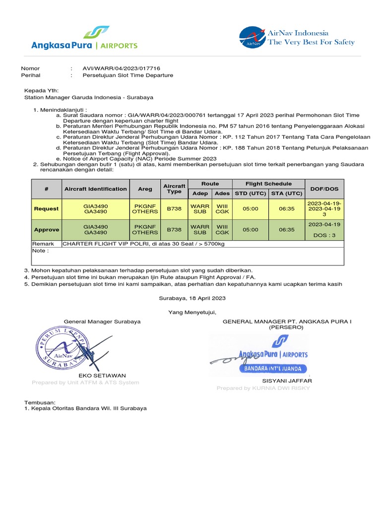 APPROVAL SLOT CHARTER GA3490 SUB CGK 19 APRIL 2023 | PDF