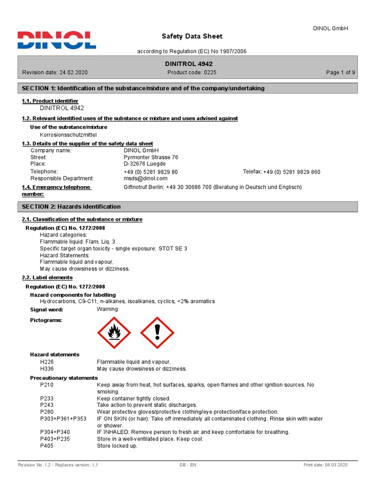 MSDS Dinitrol 4942 Feb 20 | PDF | Dangerous Goods | Waste