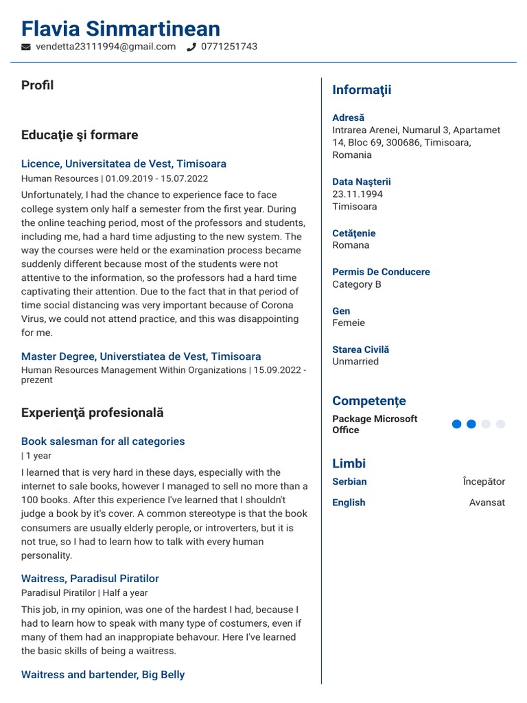 CV Sinmartinean Flavia | PDF | Waiting Staff