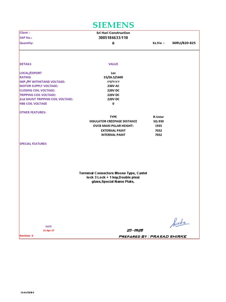 33 KV Siemens 3005184633 - Sri Hari Construction Ac APTRANSCO - J8555 - 110 - 6x | PDF ...