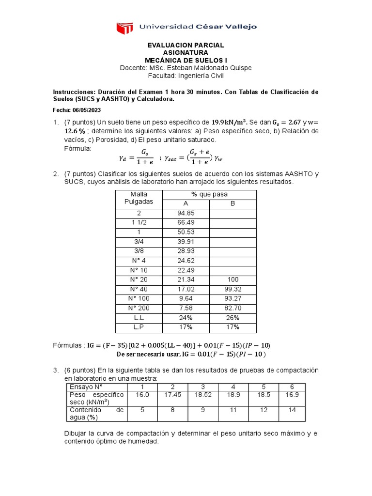 Examen Parcial Suelos I | PDF