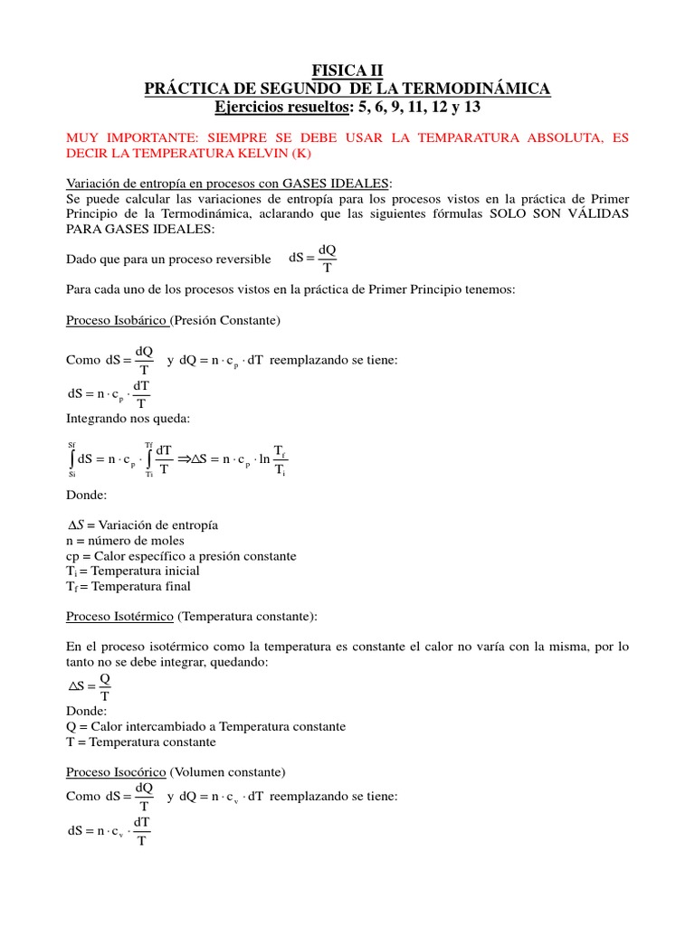 Segundo Principio de La Termodinámica - Ejercicios Resueltos 5-6-9-11-12-13 | PDF | Temperatura ...