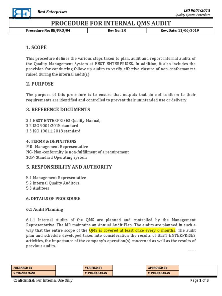 04 Procedure For Internal QMS Audit | PDF | Audit | Quality Management System