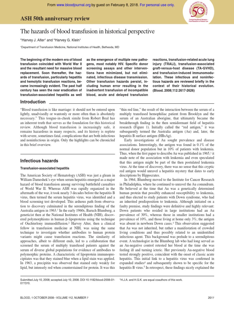 Alter, Klein - 2008 - The Hazards of Blood Transfusion in Historical ... Alter, Klein - 2008 - The Hazards of Blood Transfusion in Historical ...