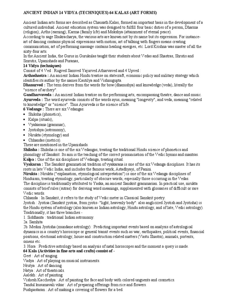 ANCIENT INDIAN 14 VIDYA (TECHNIQUES) 64 KALAS (ART FORMS) | PDF ...