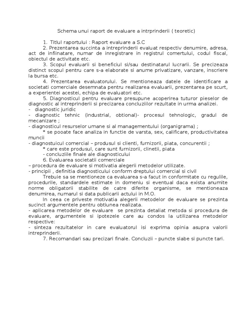 Schema Unui Raport de Evaluare A Intreprinderii | PDF