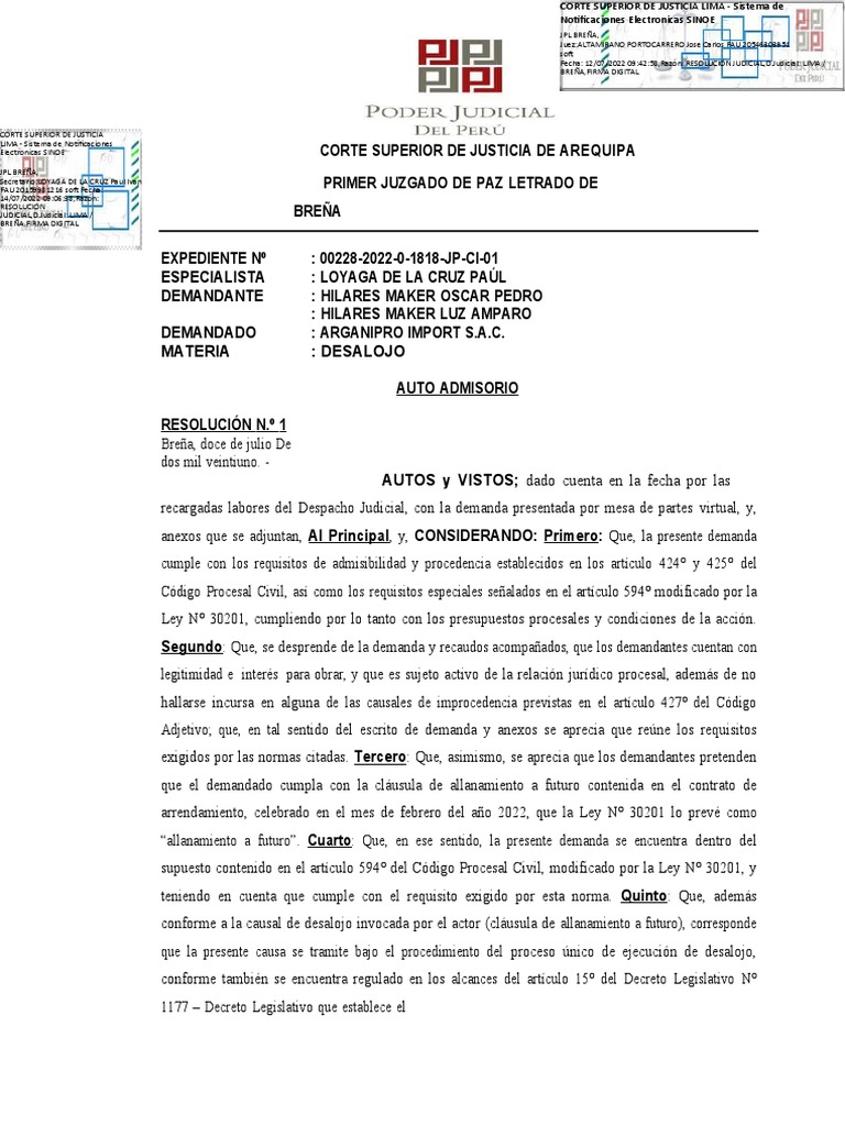 Auto Admisorio | PDF | Demanda judicial | Ley procesal