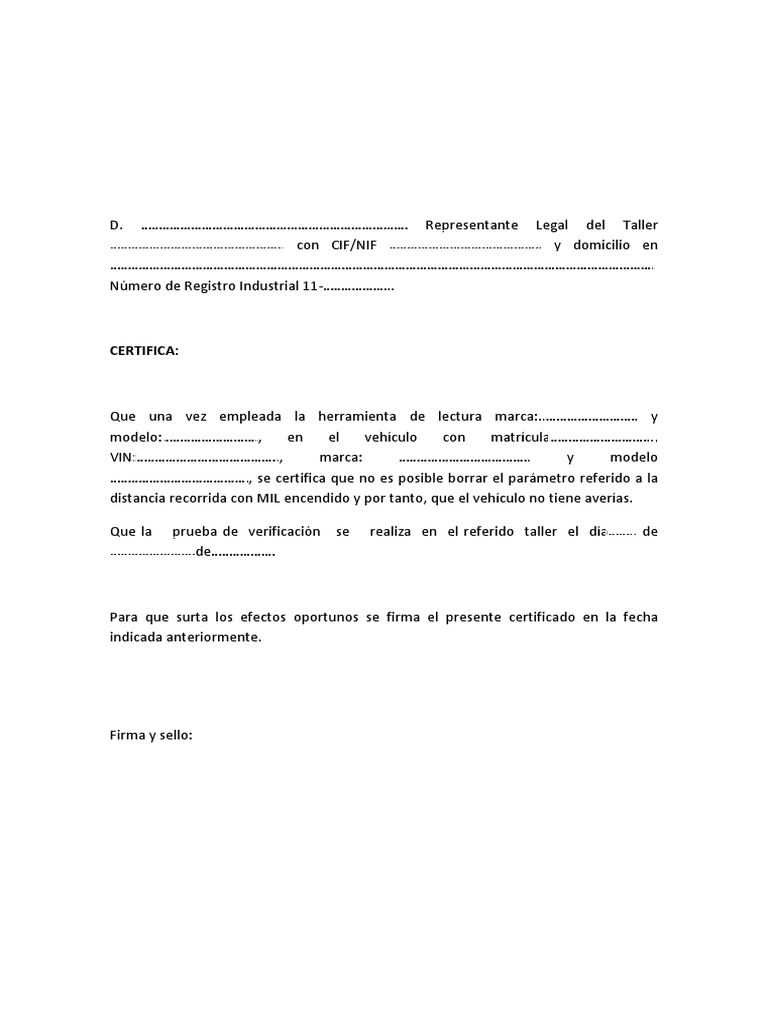 Modelo Certificado Taller Fallo Parametro OBD ITV (1) | PDF