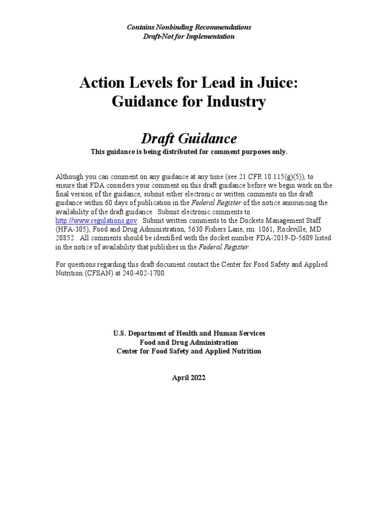 Action Levels For Lead in Juice Guidance For Industry - Draft Guidance ...