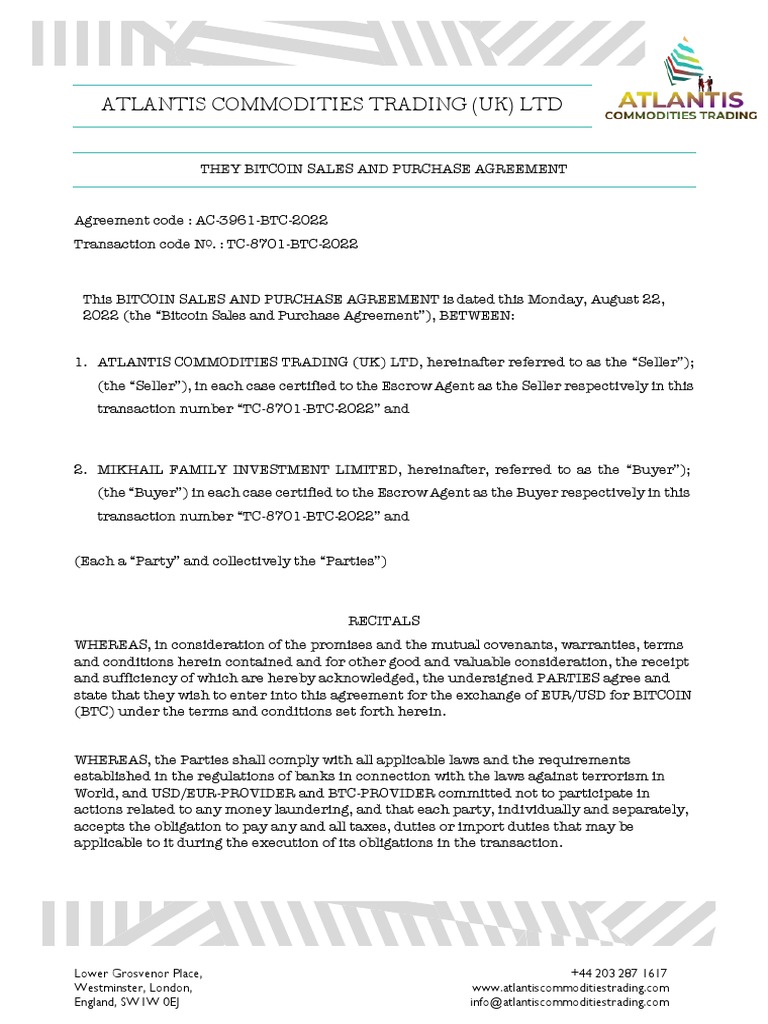 Signed Copy Atlantis Bitcoin Sales and Purchase Agreement | PDF ...