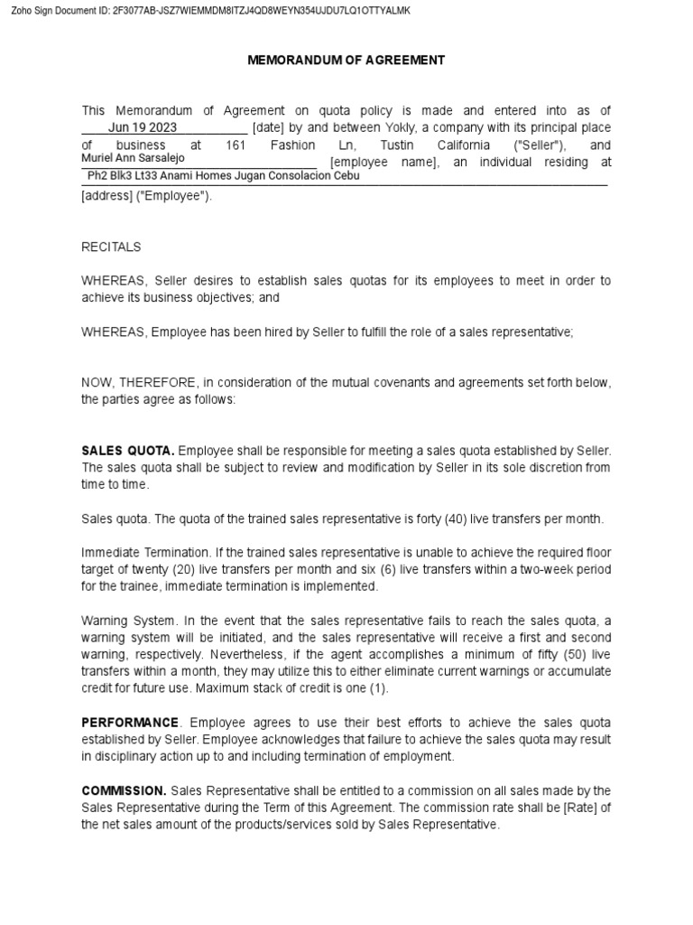 Sales Quota Agreement Overview | PDF | Sales | Employment