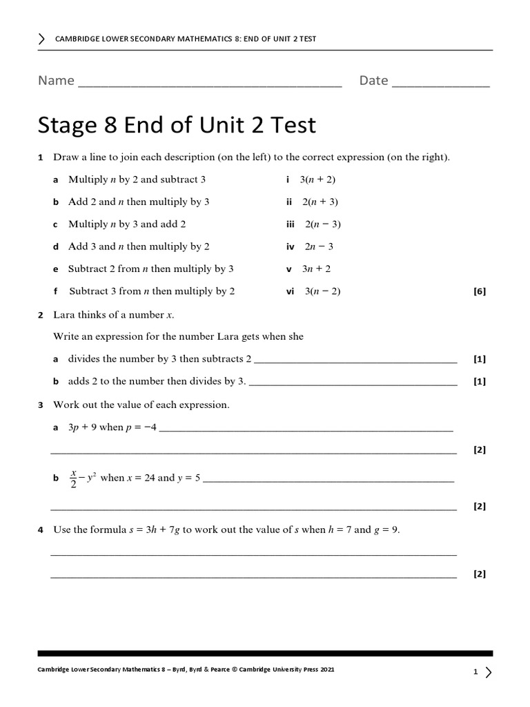 Grade 8 Unit 2 Math Test | PDF | Equations | Mathematical Analysis