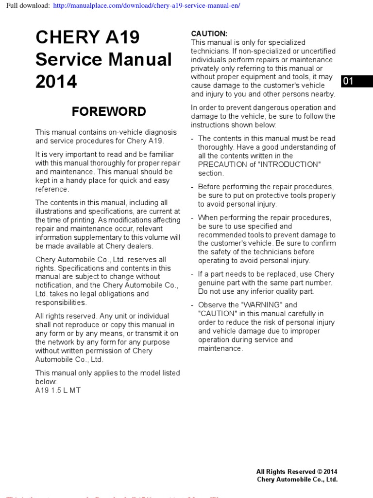 Chery A19 Service Manual en | PDF | Transport | Automotive Industry