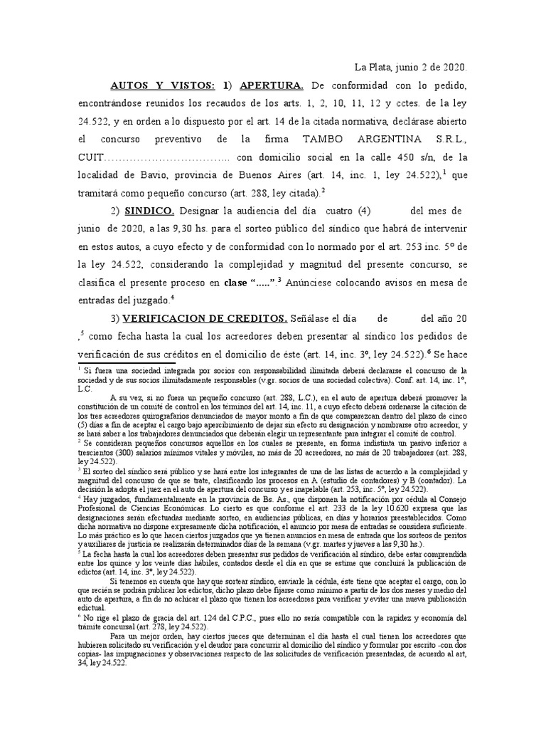 TP - Auto de Apertura - Com 4 | PDF | Bancarrota | Pagos