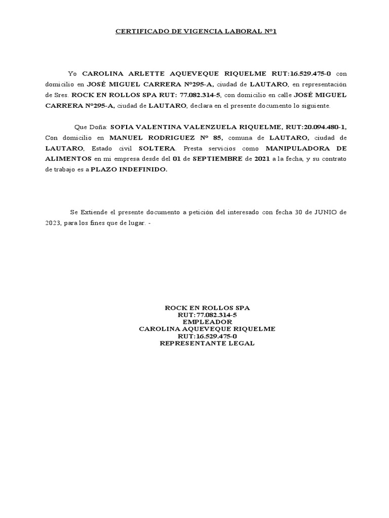 Certificado de Vigencia Laboral Sofia Valenzuela | PDF