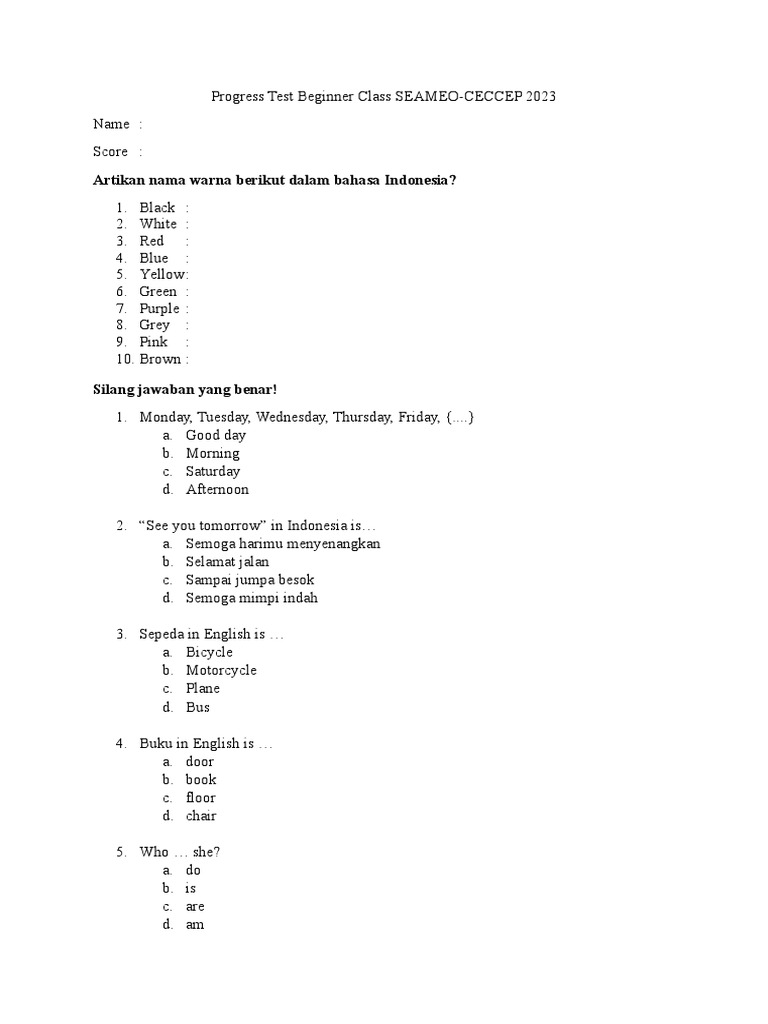 Progress Test Beginner Class SEAMEO | PDF