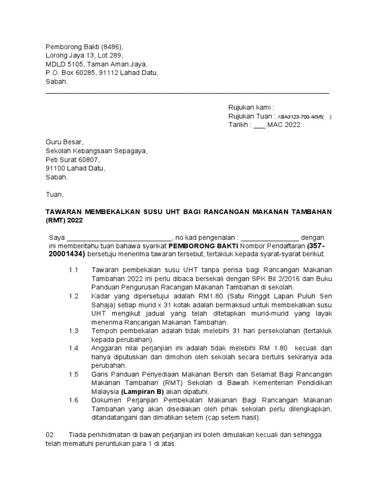6 Surat Setuju Terima Susu RMT Dari Kantin | PDF