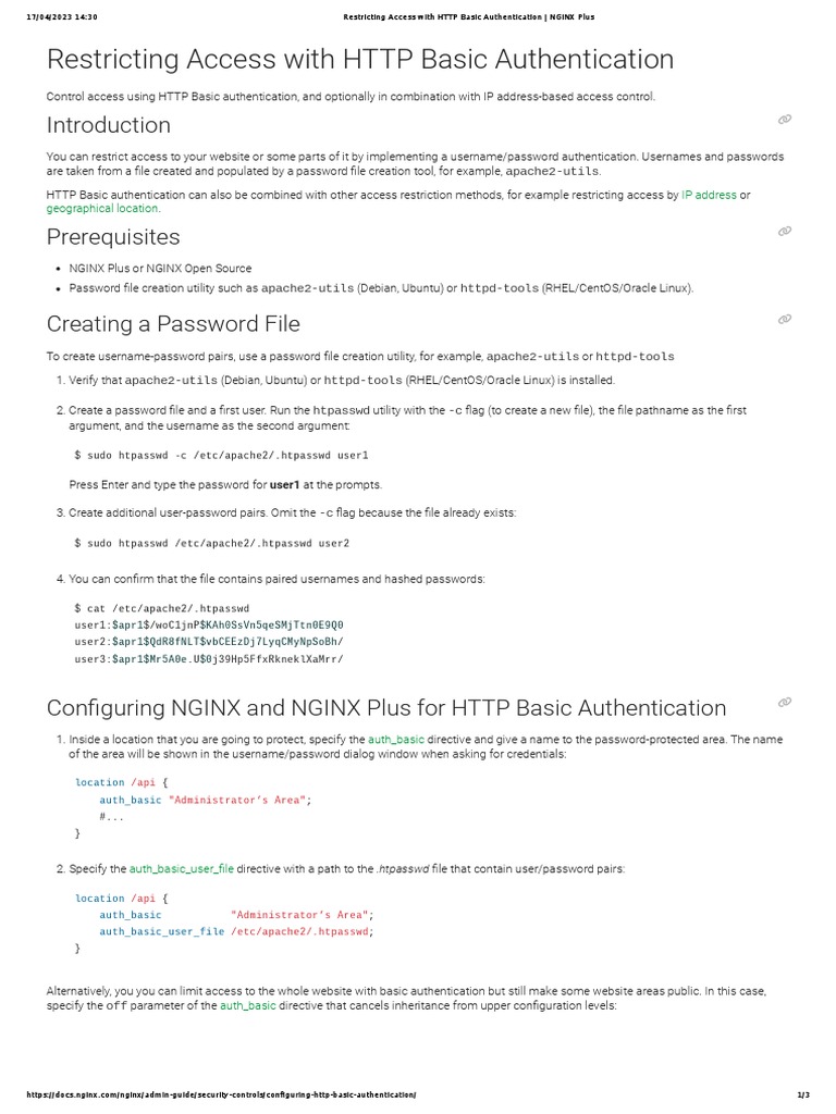 Restricting Access With HTTP Basic Authentication - NGINX Plus | PDF | Hypertext Transfer ...