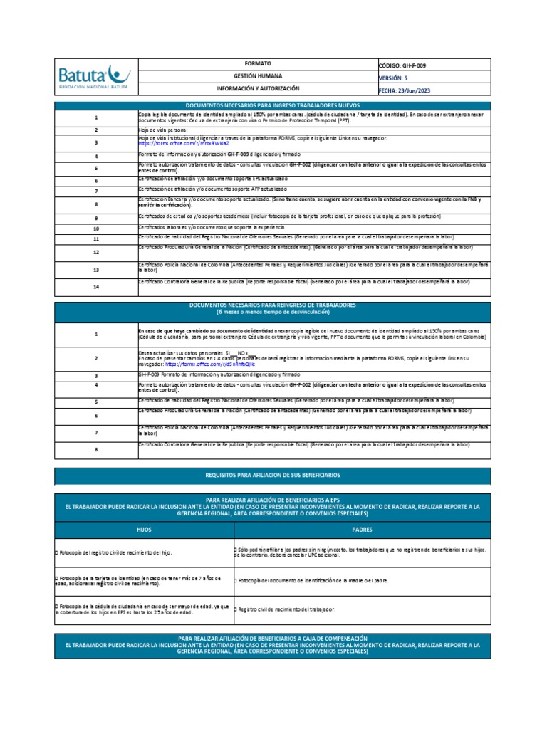 Formato CÓDIGO: GH-F-009 Gestión Humana Información Y Autorización | PDF | Pensión | Fondo de ...