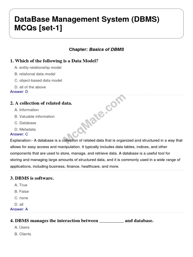 Database Management System Dbms Set 1 | PDF | Databases | Data Model