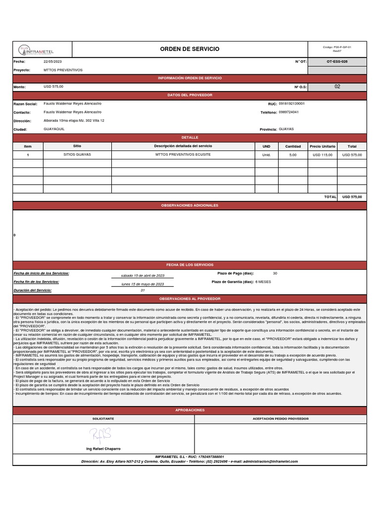 OT-ESS-026 Mantenimientos Preventivos (FAUSTO). OS-02 | PDF