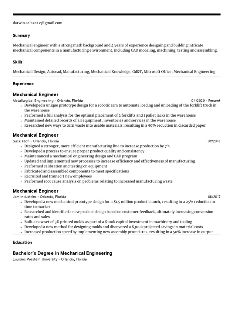 Mechanical Engineer Resume | PDF | Mechanical Engineering | Warehouse