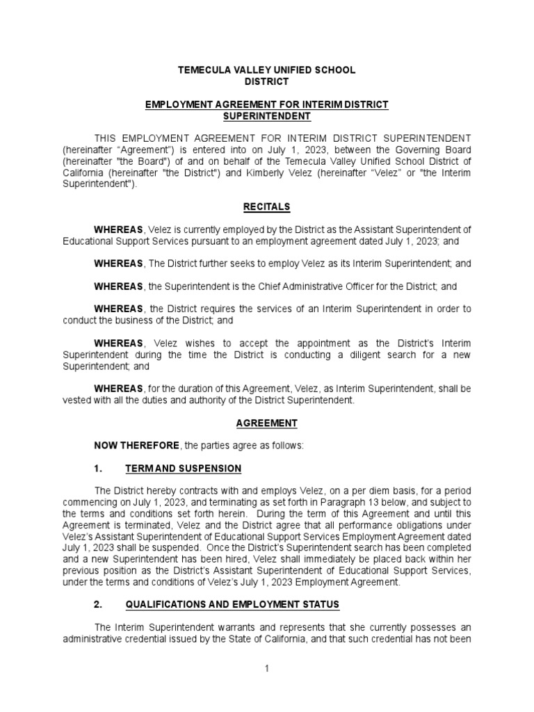 Contract For Interim Temecual Schools Superintendent Kimberly Velez ...