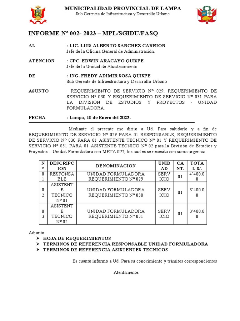 Informe 002 Requerimiento Personal Uf | PDF