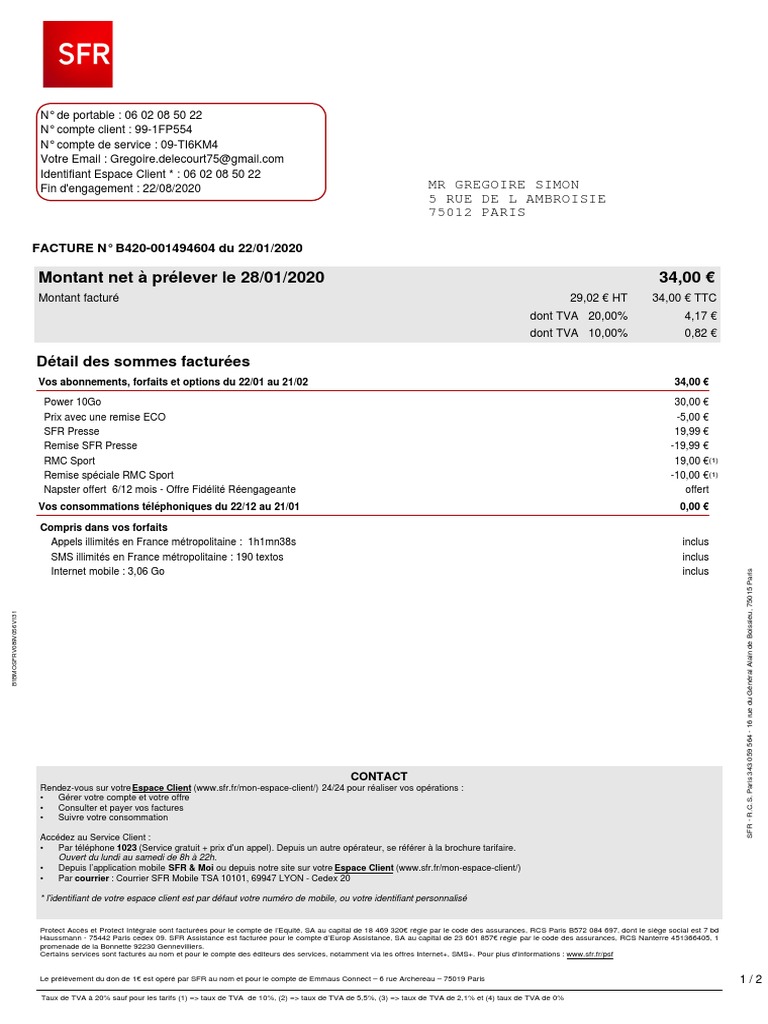 Facture SFR de Janvier 2020 | PDF | Taxe sur la valeur ajoutée | Business