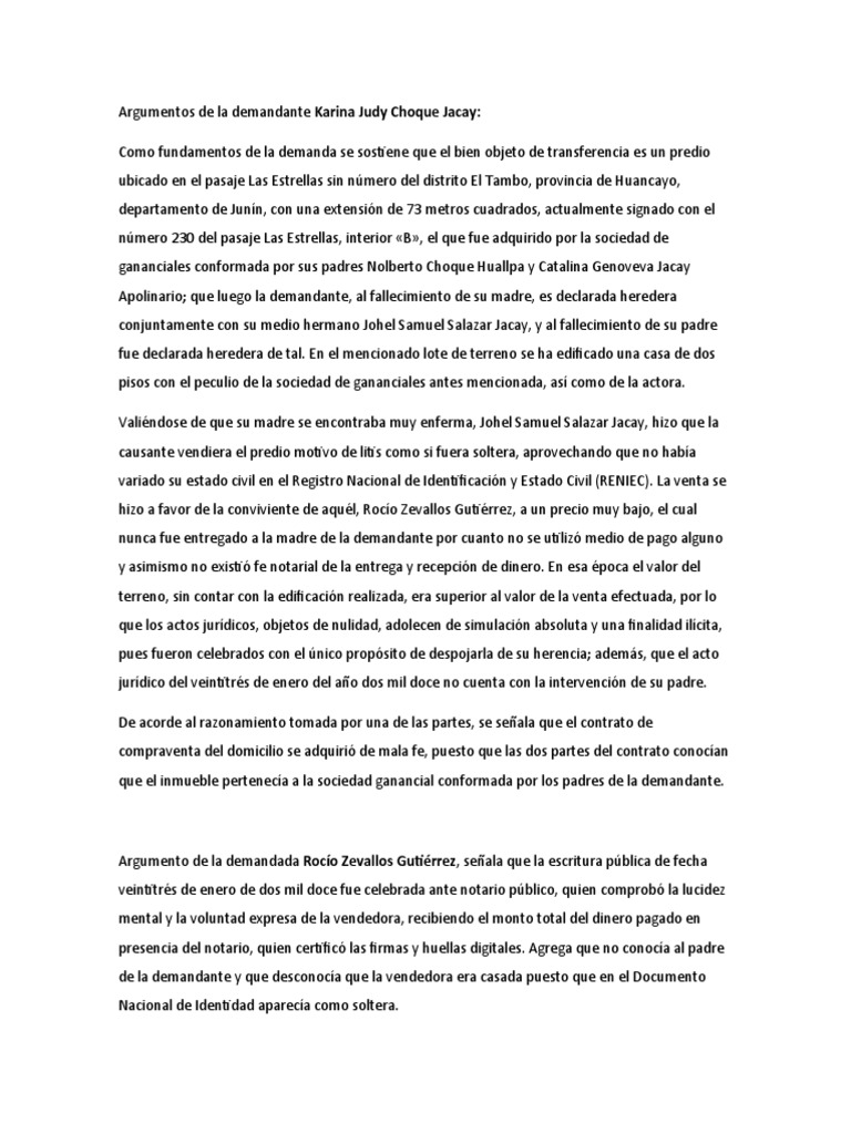 Argumentos de la demandante Karina Judy Choque Jacay | PDF | Ley común ...