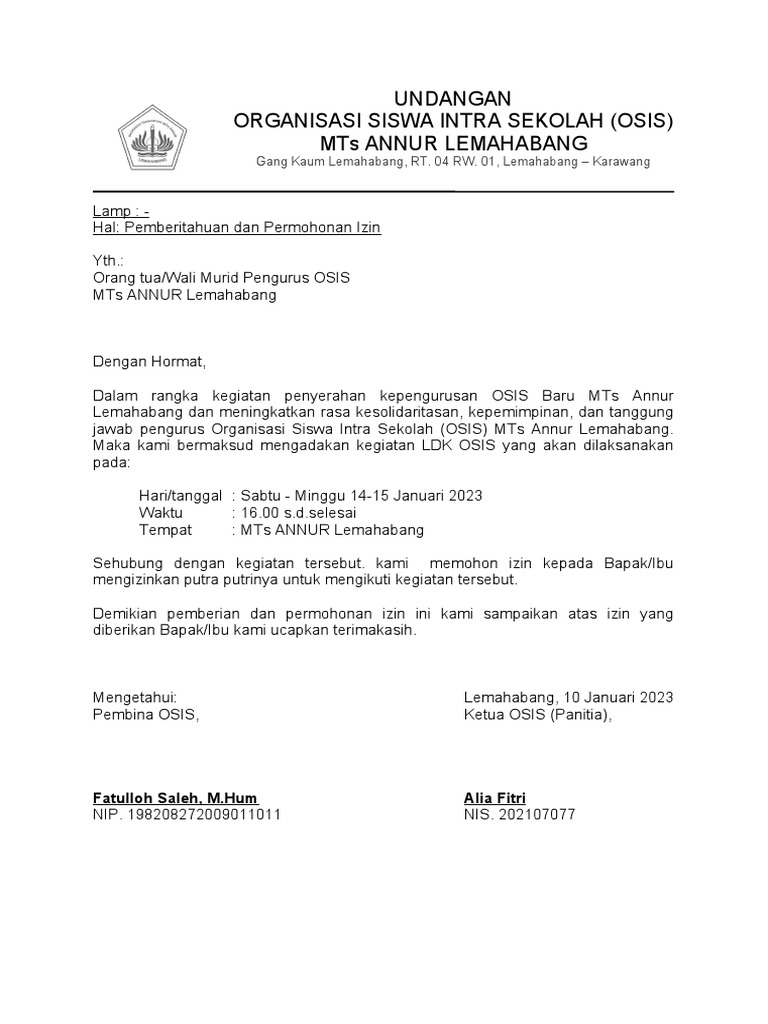 Undangan LDK OSIS MTs Annur 2023 | PDF