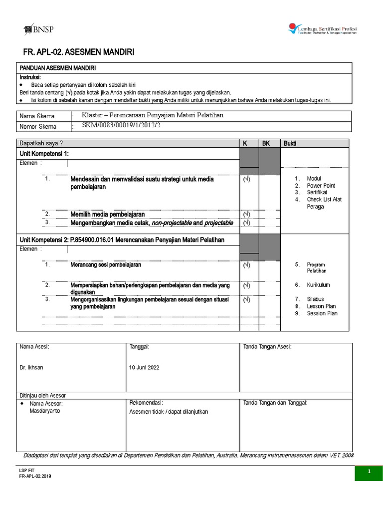 02. Fr. Apl-02 Asesmen Mandiri_perencanaan Dr-ikhsan | PDF