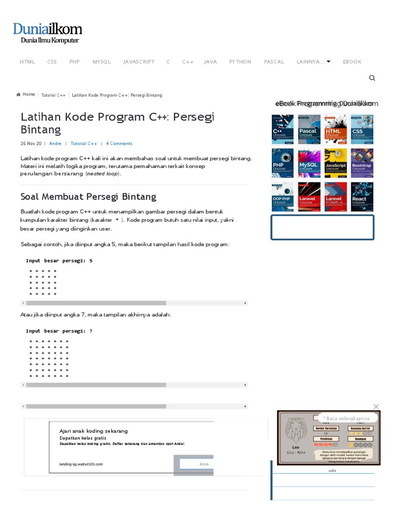 Latihan Kode Program C++ - Persegi Bintang - Duniailkom | PDF ...