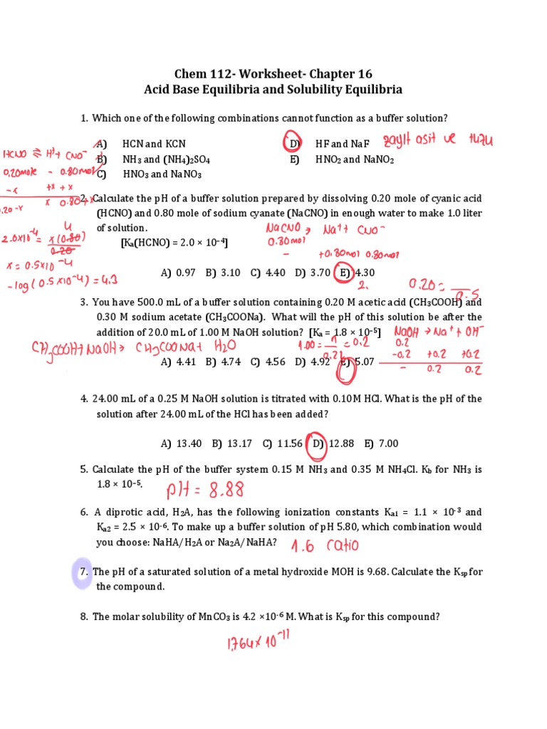 Chem 112 - Chapter 16 Acid Base Equilibria and Solubility Equilibria Worksheet | Download Free ...
