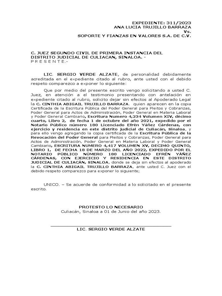 OFICO TERCERIA REVOCANDO APODERADOS Ana Lucia Trujillo Barraza | PDF
