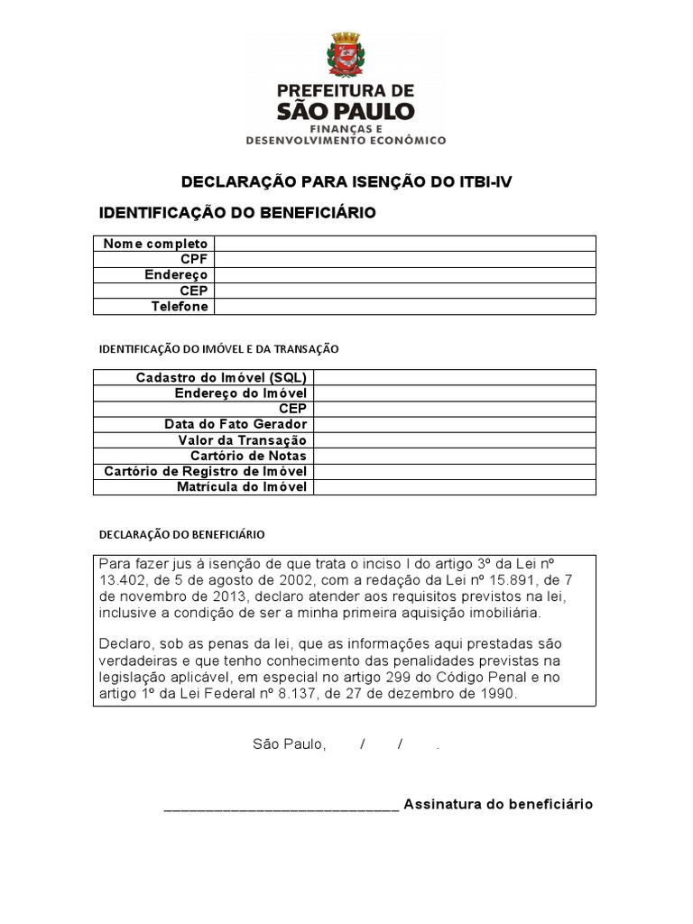 Declaracao Isencao Itbi IV 1612985801 | PDF Declaracao Isencao Itbi IV 1612985801 | PDF