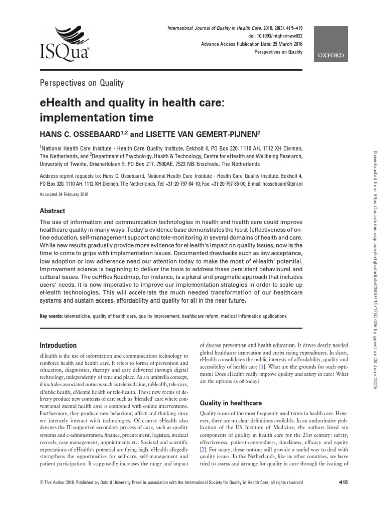 eHealth Implementation and Quality Care | PDF | Health Care | Patient