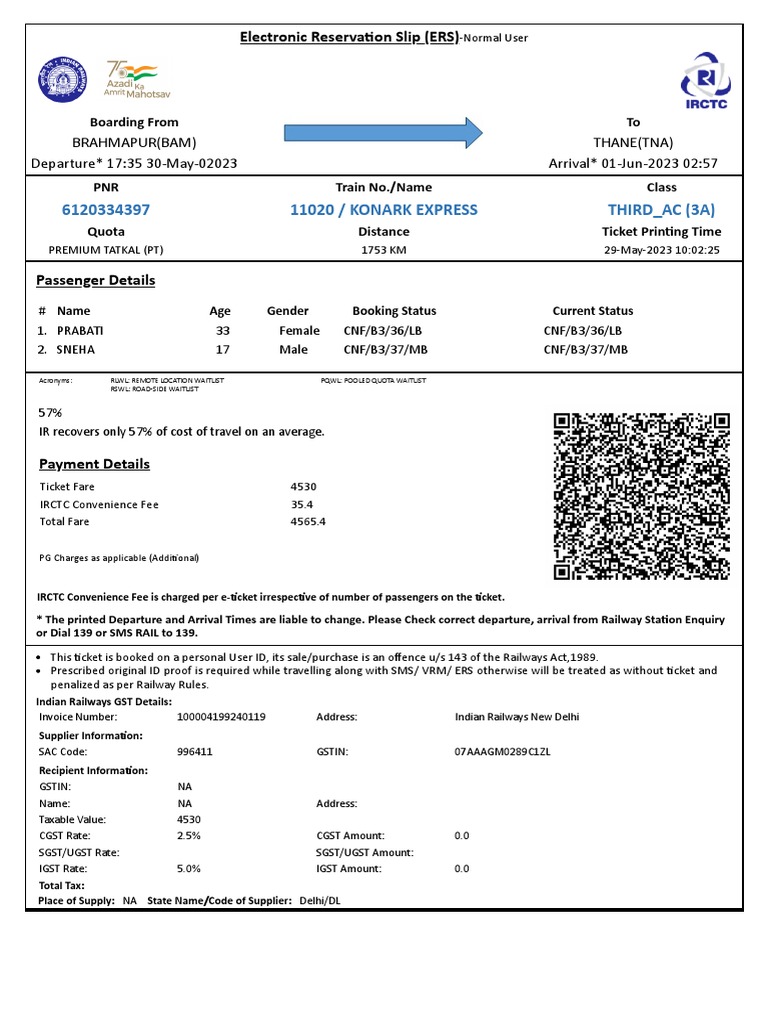 Konark Express Third - Ac (3A) | PDF | Government Finances | Taxes