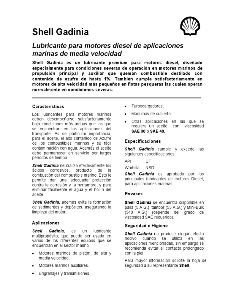 Shell Gadinia Hoja Tecnica | PDF | Lubricante | Combustible diesel