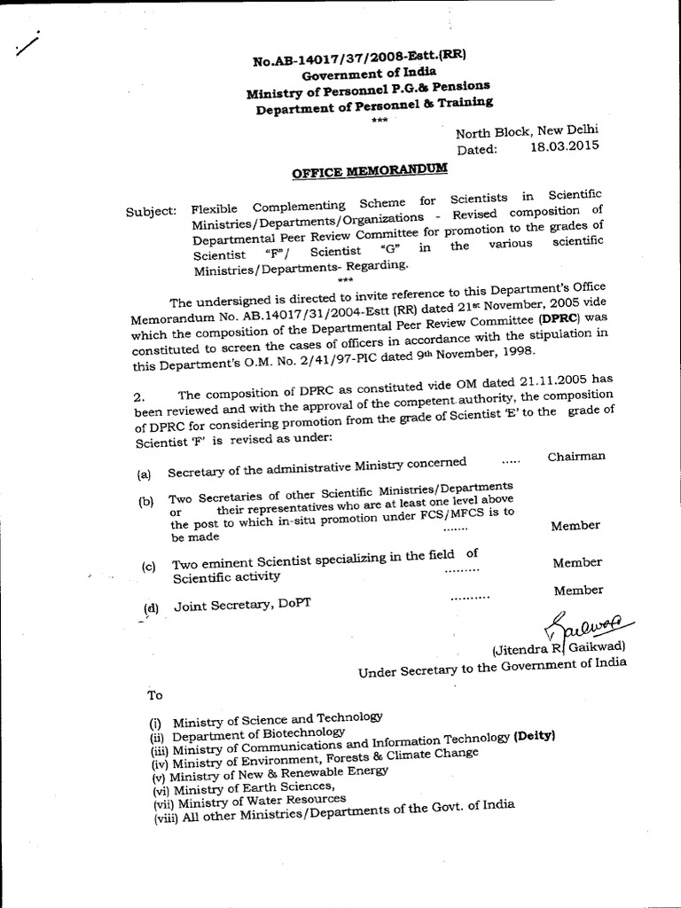 Revised DPRC for Scientist Promotions | PDF | Government Of India ...