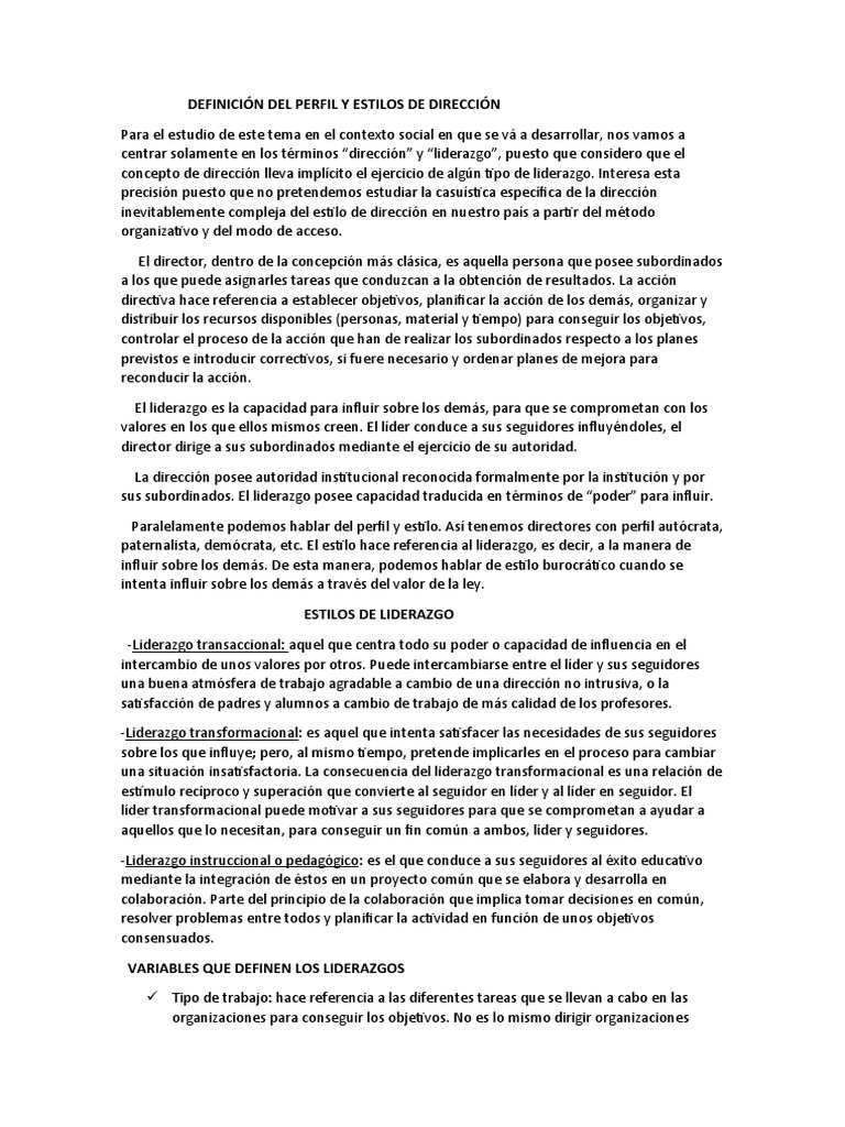 Definición Del Perfil y Estilos de Dirección | PDF | Liderazgo ...