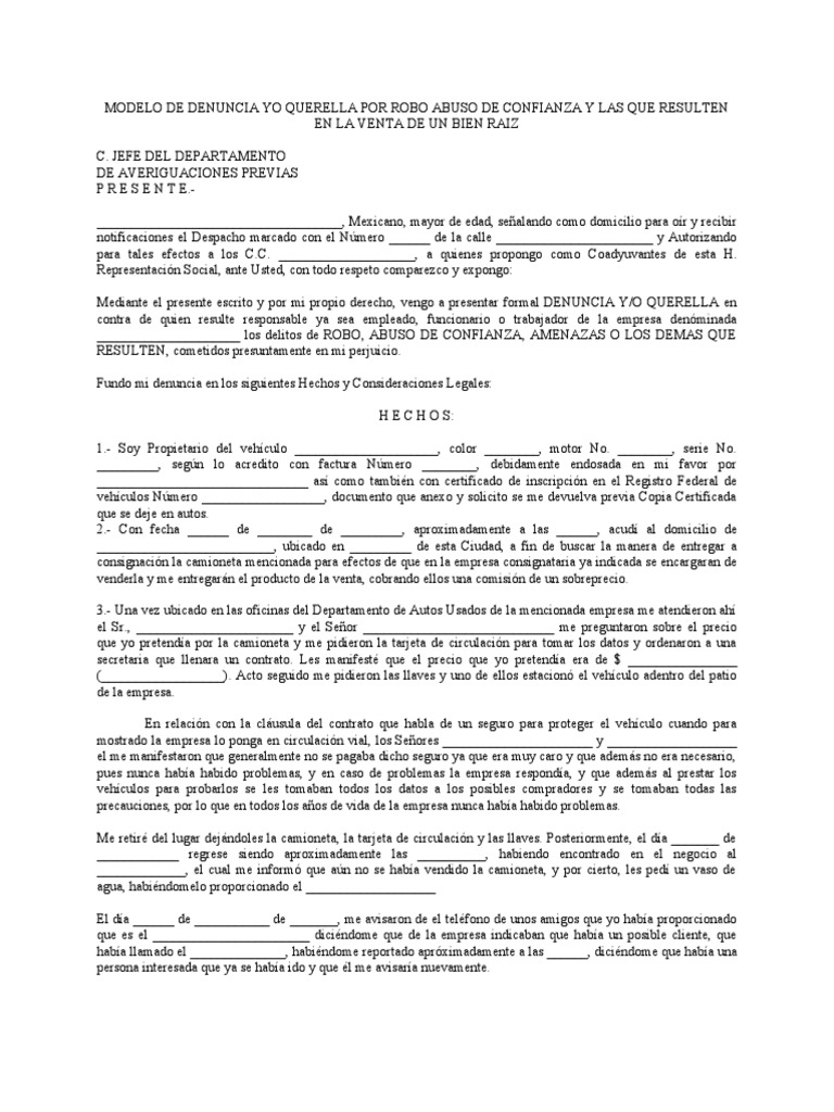 Modelo de Denuncia Yo Querella Por Robo Abuso de Confianza y Las Que ... Modelo de Denuncia Yo Querella Por Robo Abuso de Confianza y Las Que ...